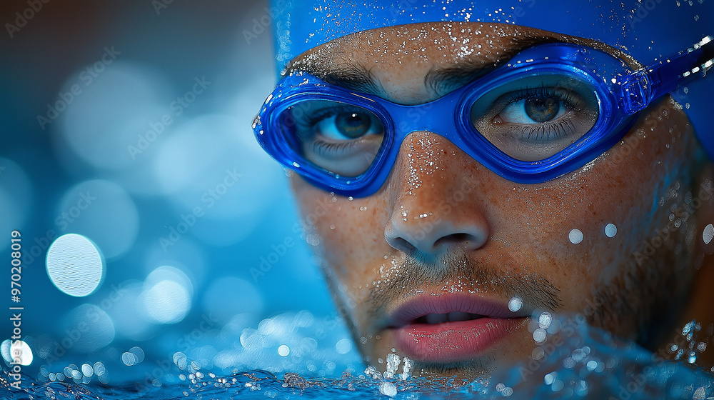 Male swimmer in blue goggles, intense focus on face, water splashes ...