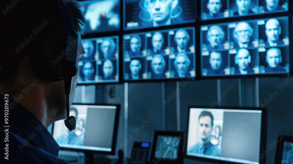 Security guard looks at screens of biometric identification system in ...
