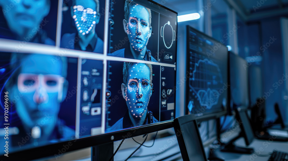 Human faces on screens of biometric identification system in ...