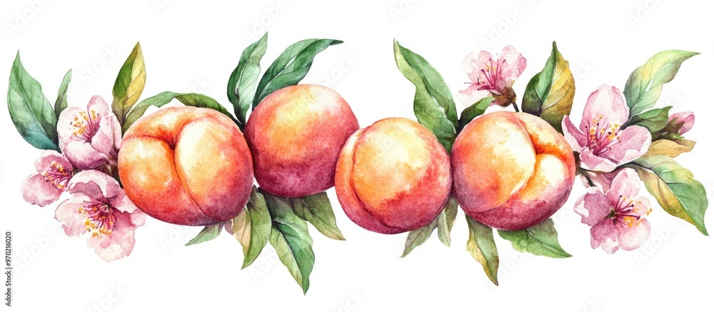 Watercolor illustration of Chinese fig peaches with leaves and flowers ...