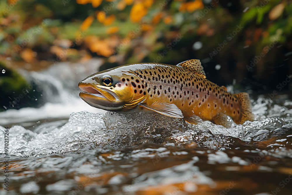 A realistic photo of wild salmon swimming upstream in a river during ...