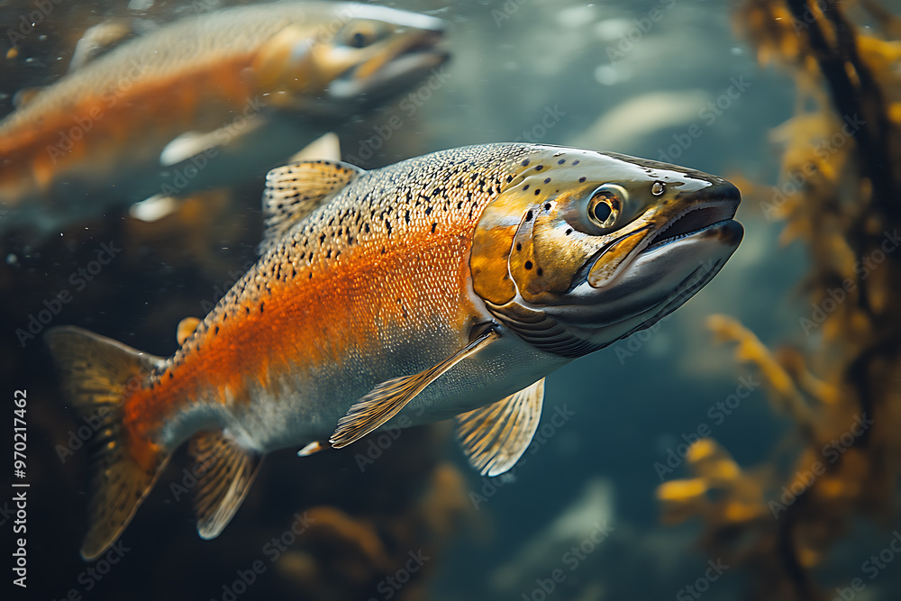 A realistic photo of wild salmon swimming upstream in a river during ...