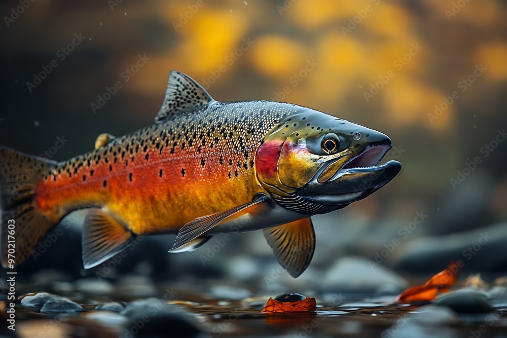 A realistic photo of wild salmon swimming upstream in a river during ...