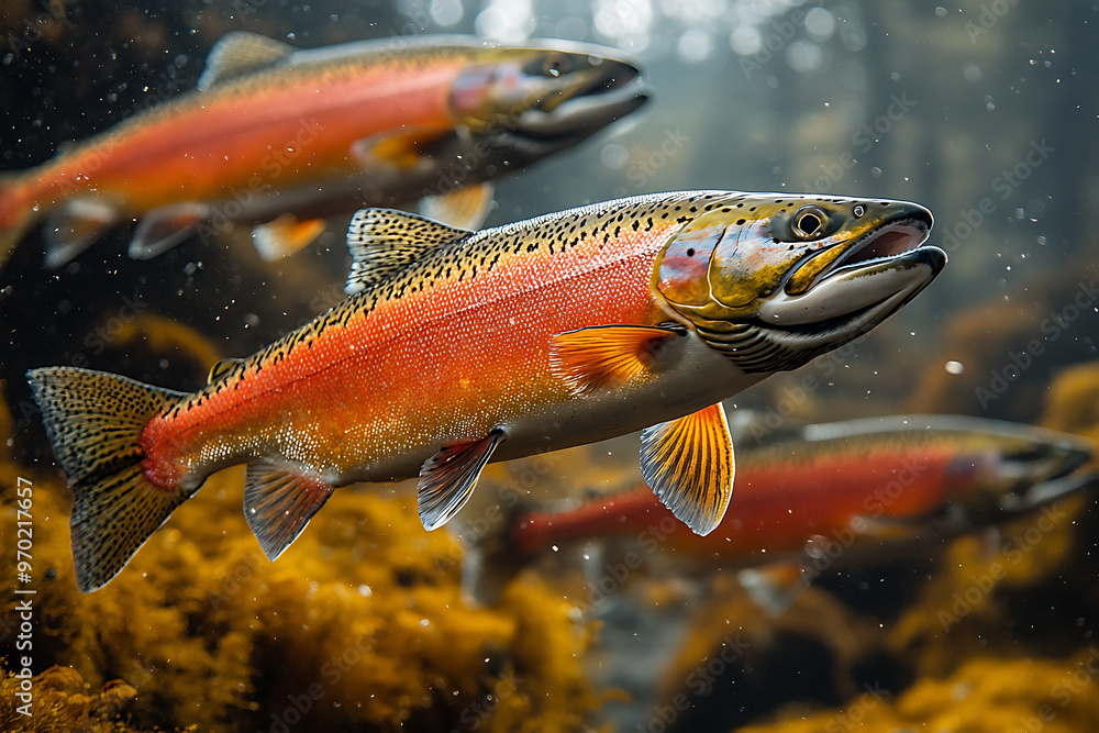 A realistic photo of wild salmon swimming upstream in a river during ...