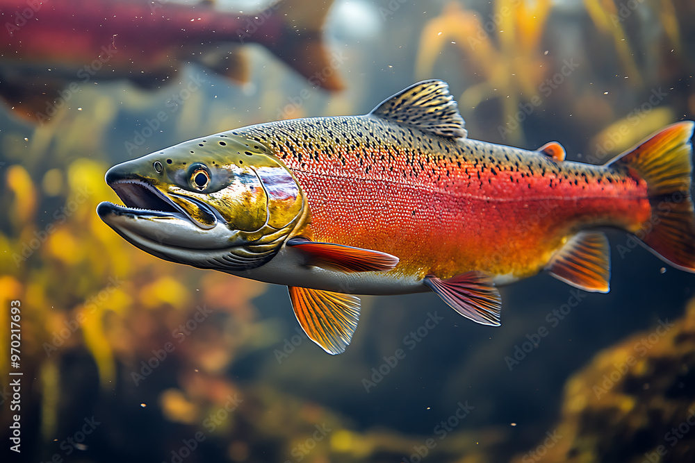 A realistic photo of wild salmon swimming upstream in a river during ...