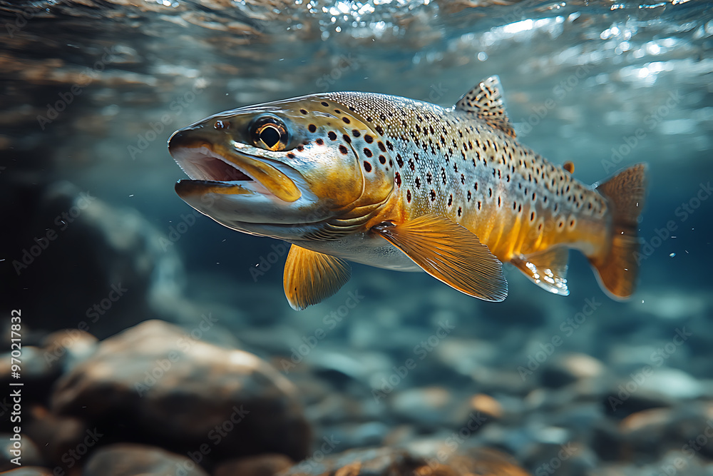A realistic photo of wild salmon swimming upstream in a river during ...