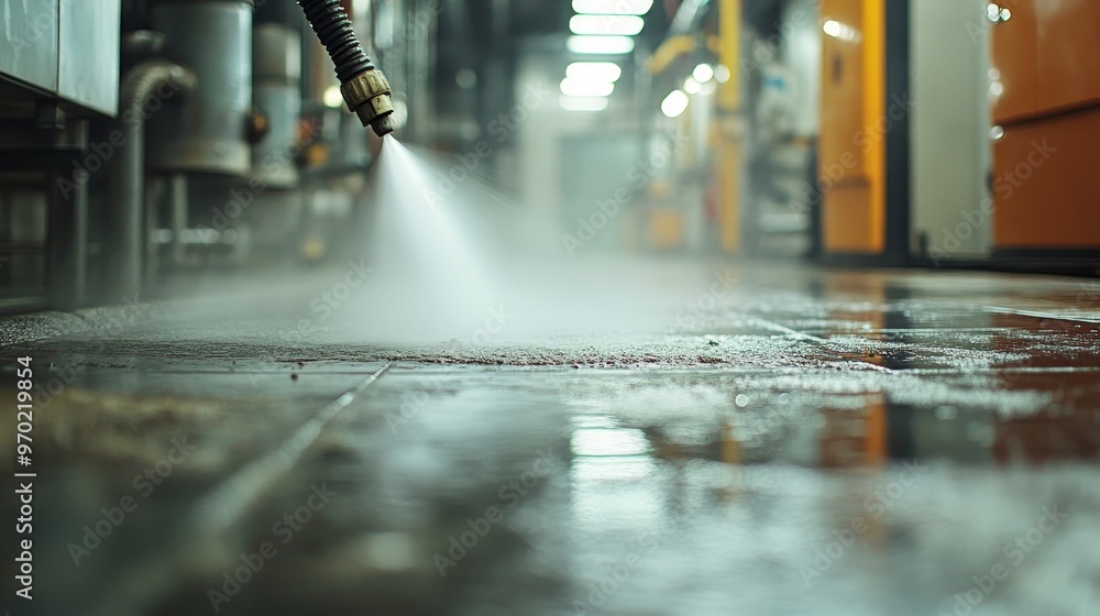 Dynamic view of a high-pressure water jet sweeping across a dirty floor ...
