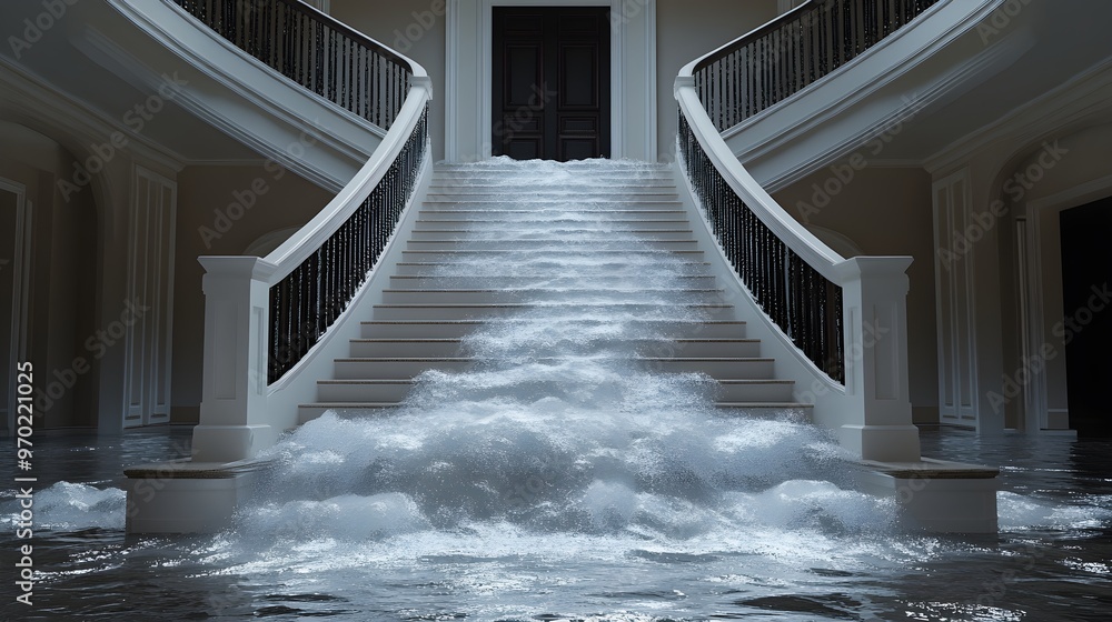 A grand staircase with water cascading down each step, illustrating the ...