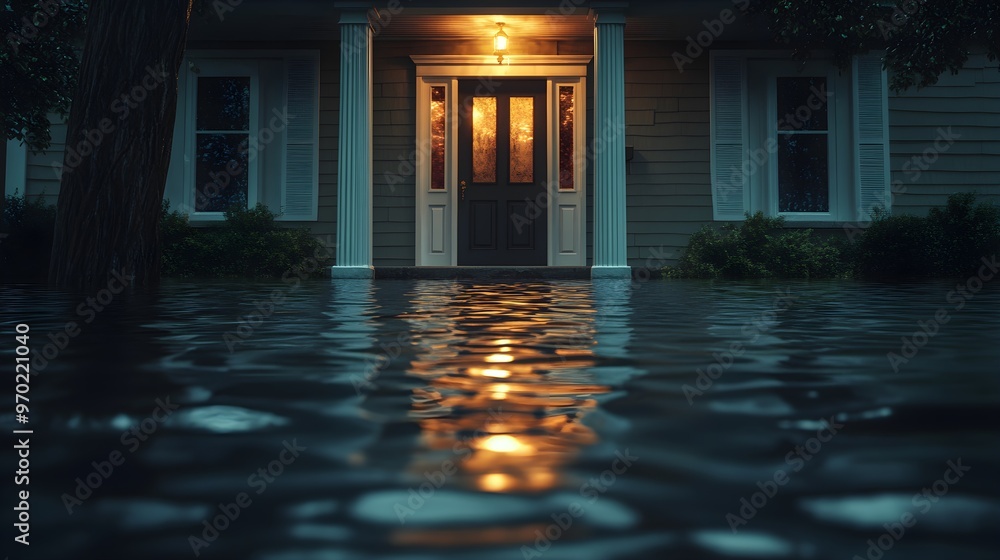A home entryway submerged in water, intense flooding from the front ...