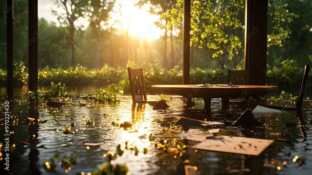 A modern dining room in ruins, flooded with water up to the windowsill ...