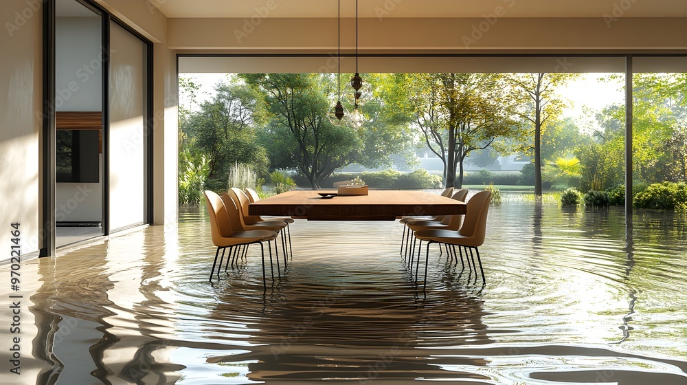 A modern dining room table surrounded by ankle-deep water, highlighting the aftermath of home ...