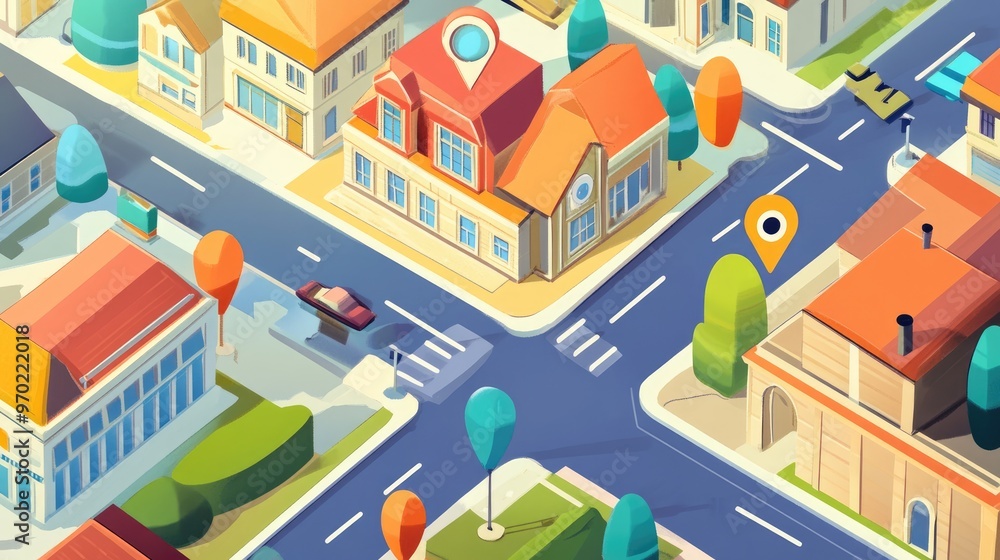 2D cartoon illustration of a GPS tracking system for navigating city ...