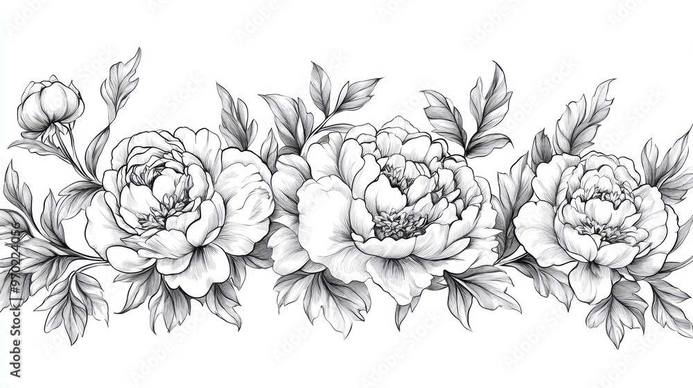Peony Line Art Black and white floral borders Elegant floral ...