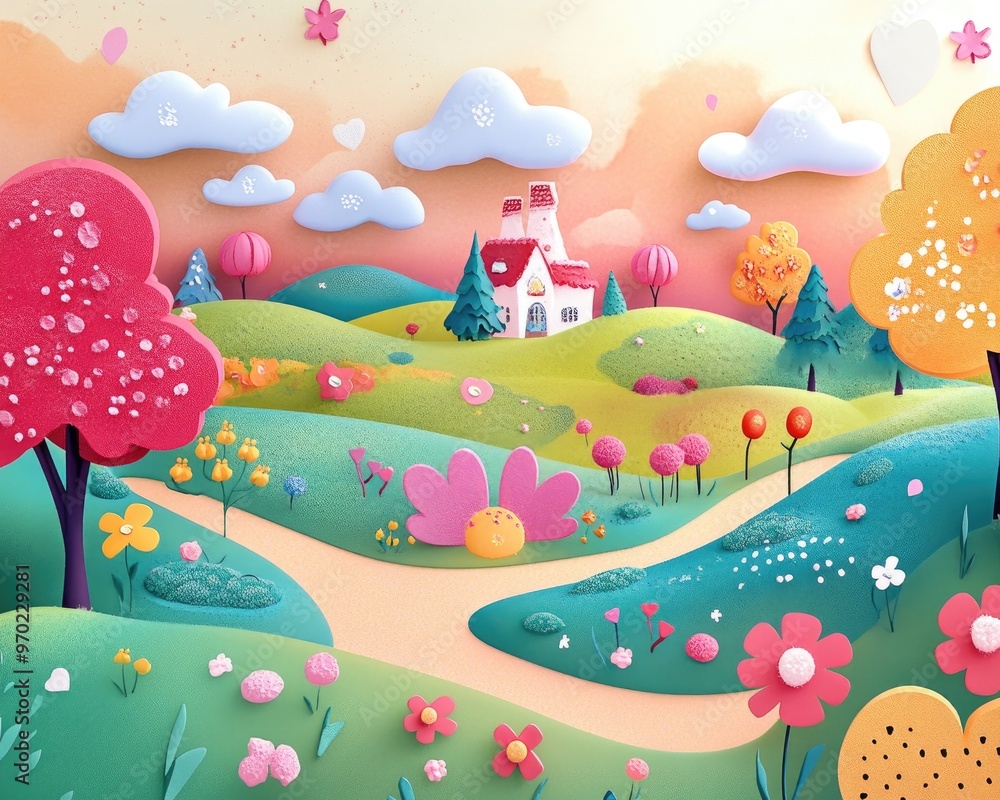 Whimsical cartoon landscape featuring vibrant spring elements Art ...