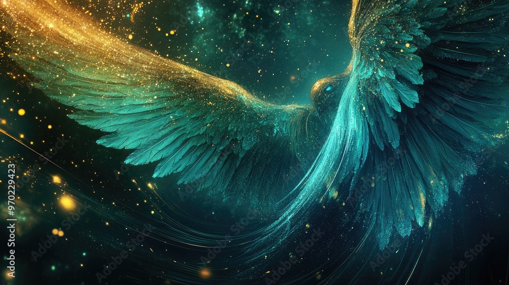 Vibrant Blue and Green Wings with a Golden Glimmer Opulent Graphic ...