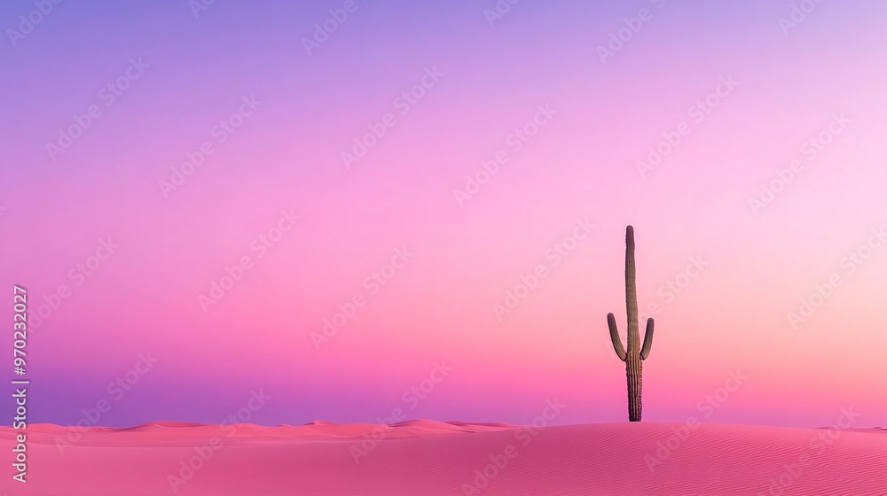 Lone cactus in a pink desert landscape at sunrise with a gradient sky ...