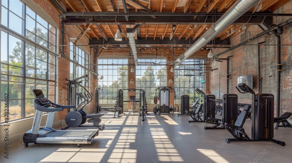 Modern industrial gym with exposed pipes and ducts, high ceilings, and ...