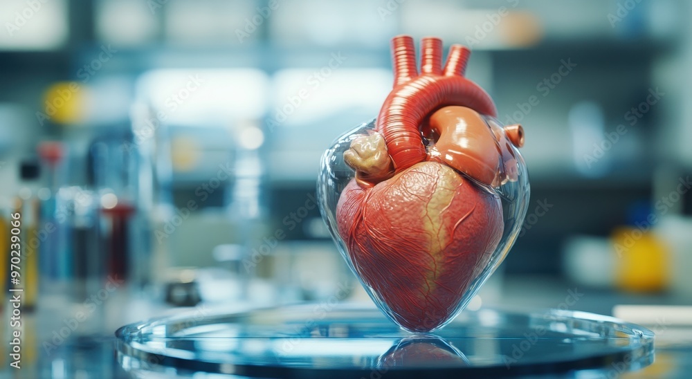 3D heart organ model on a glass plate, blurred background of a medical ...