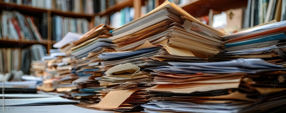 Cluttered stack of papers in an office setting, highlighting the ...