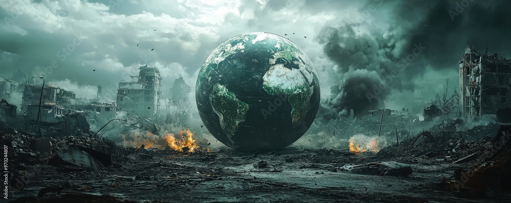 Ravaged Earth in an apocalyptic setting, showcasing a large globe ...