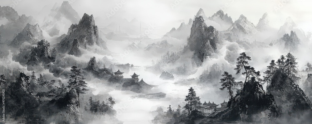 Panoramic Chinese ink landscape painting with intricate mountain ranges ...