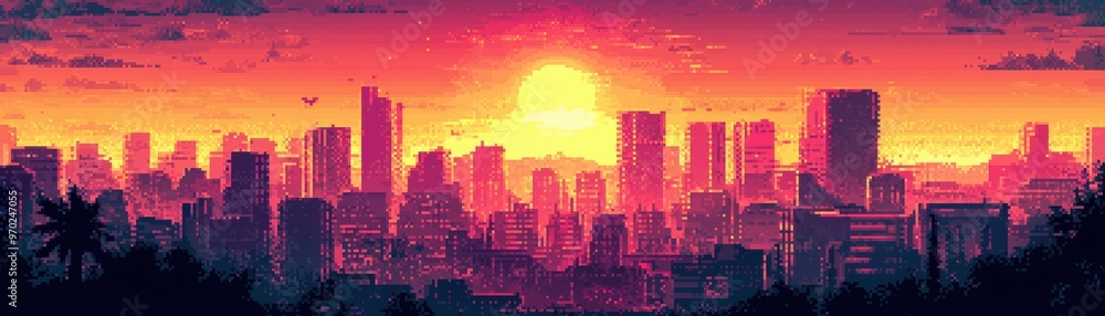 8-bit pixel art of a city skyline with a brilliant sun setting amidst ...