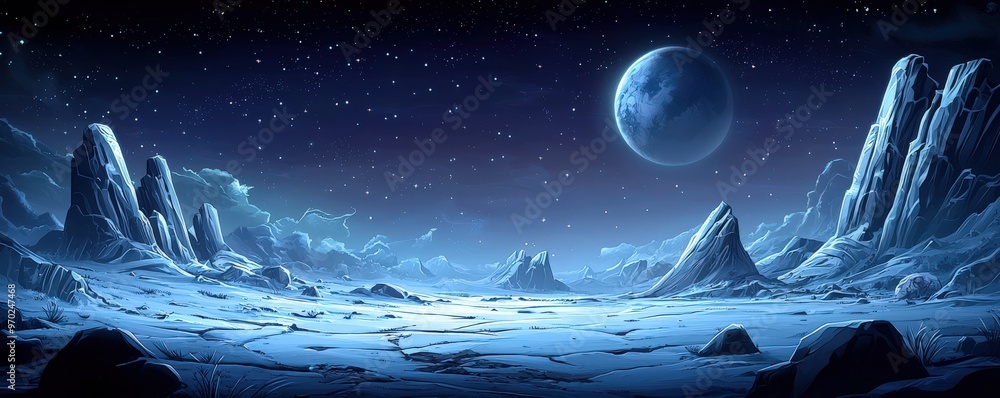 Surreal alien landscape with glacial terrain and sharp peaks set ...