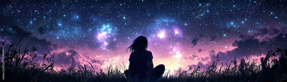 Calm anime-style scene with a girl sitting peacefully under a twilight ...