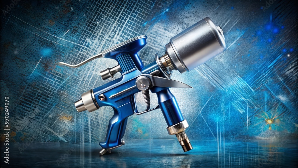 Blue and silver spray gun shines bright on a textured blue background ...