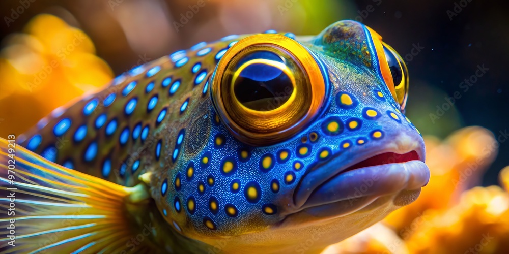 Bright-blue and yellow markings dance across the slender body of this ...