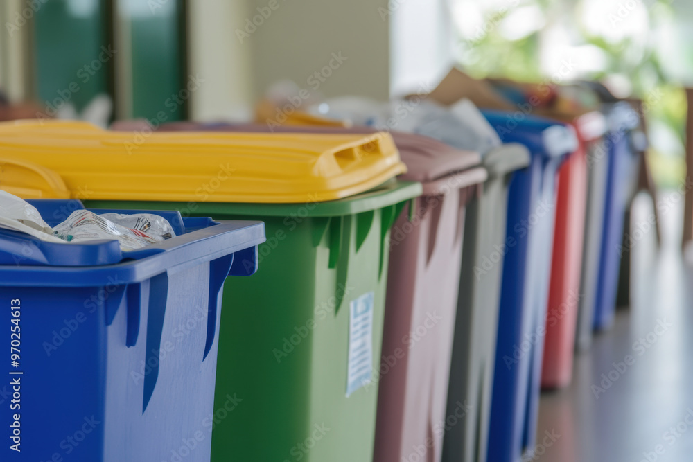 Colorful recycling bins line hallway, showcasing variety of waste disposal options. vibrant ...