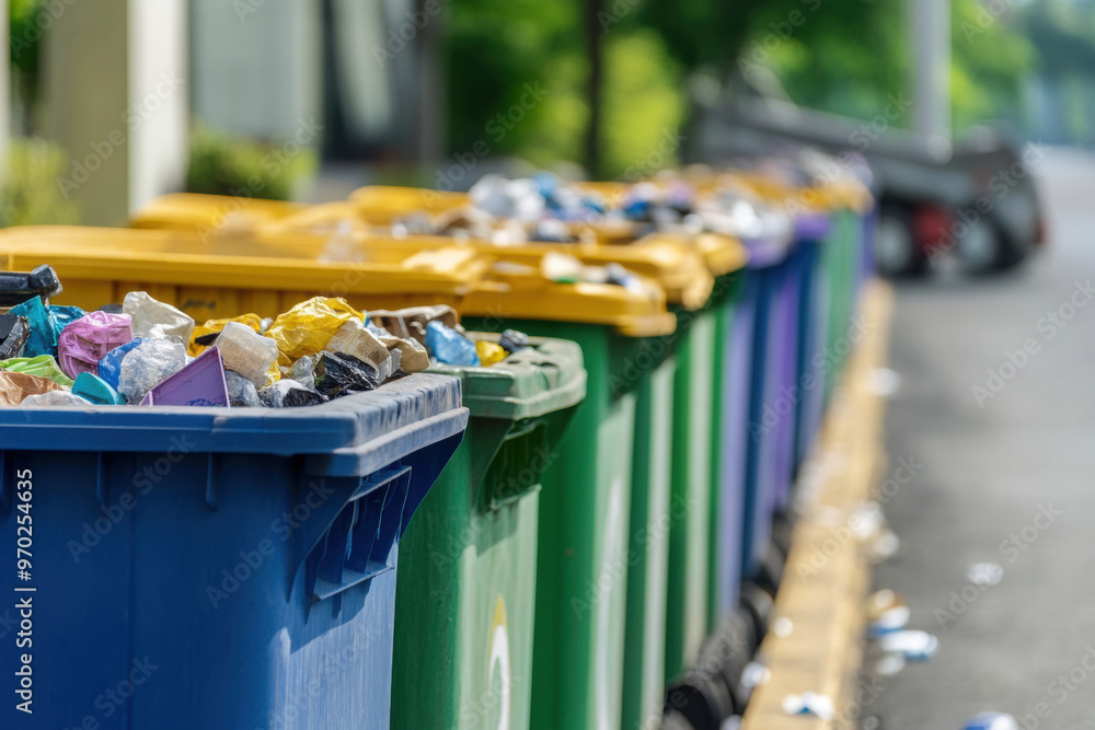 Overflowing trash bins line street, showcasing mix of colorful waste materials. scene highlights ...