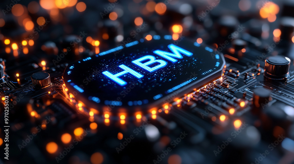 "HBM" letters glowing on dark background. Image of stacked high ...