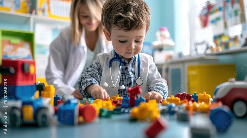 Child playing with medical toys in a vibrant doctors office while their ...