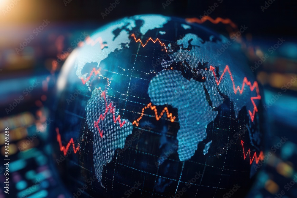 Globe with interconnected stock market symbols rising from different ...