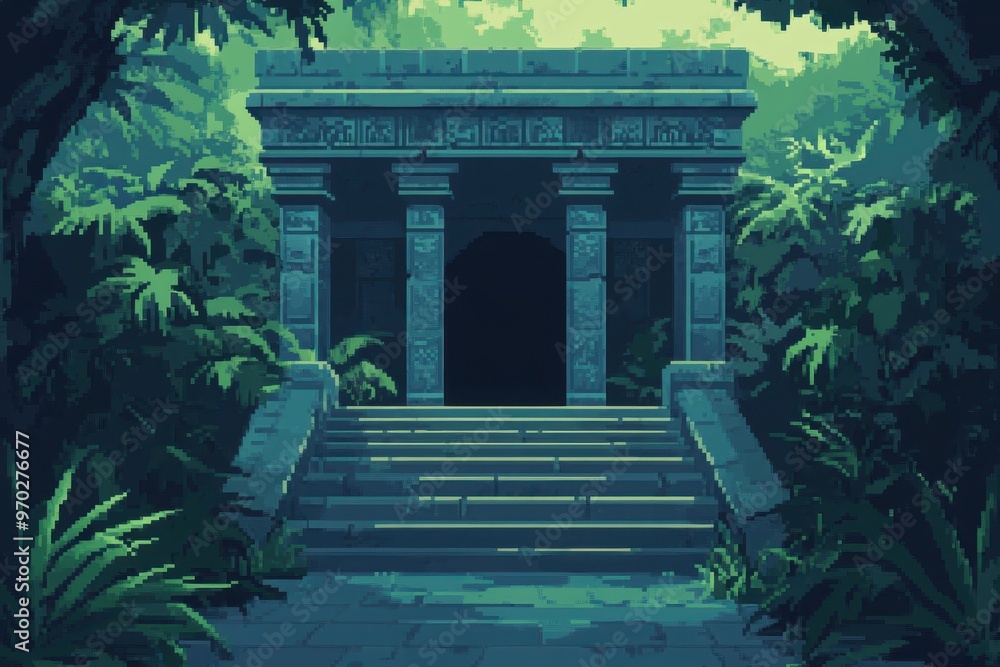 Retro 8-Bit Pixel Art Jungle Temple with Hidden Pathways on Blank ...