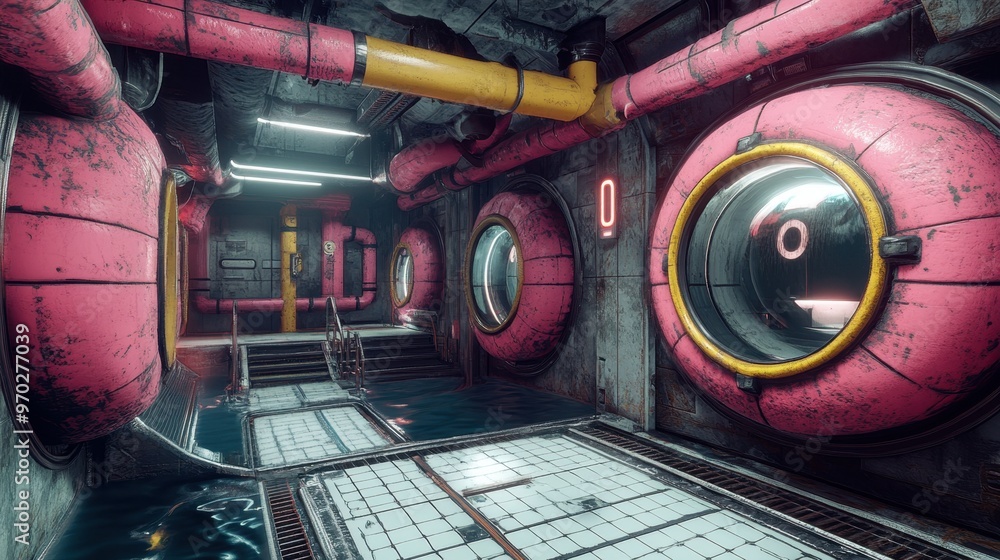 Inside an underwater base, neon pink and yellow pipes, bright white ...