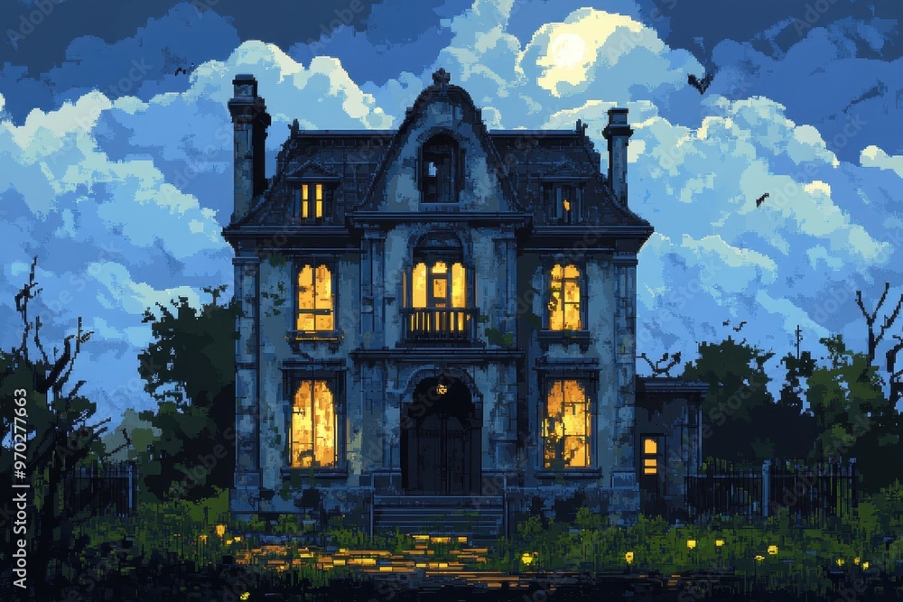 Mystical 16-Bit Pixel Mansion Illuminated by Eerie Lights with Open Sky ...