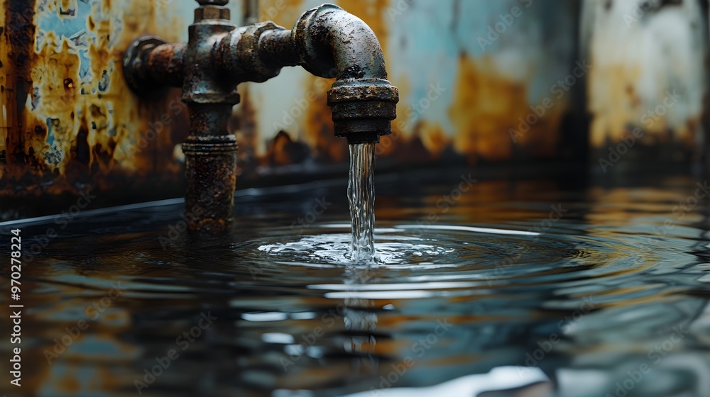 Rusting metal faucet in a flooded room, water overflowing from sink ...