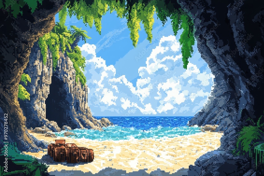 Retro 8-Bit Pixel Pirate Cove Scene with Treasure Chests and Sandy Beach Background for Text ...