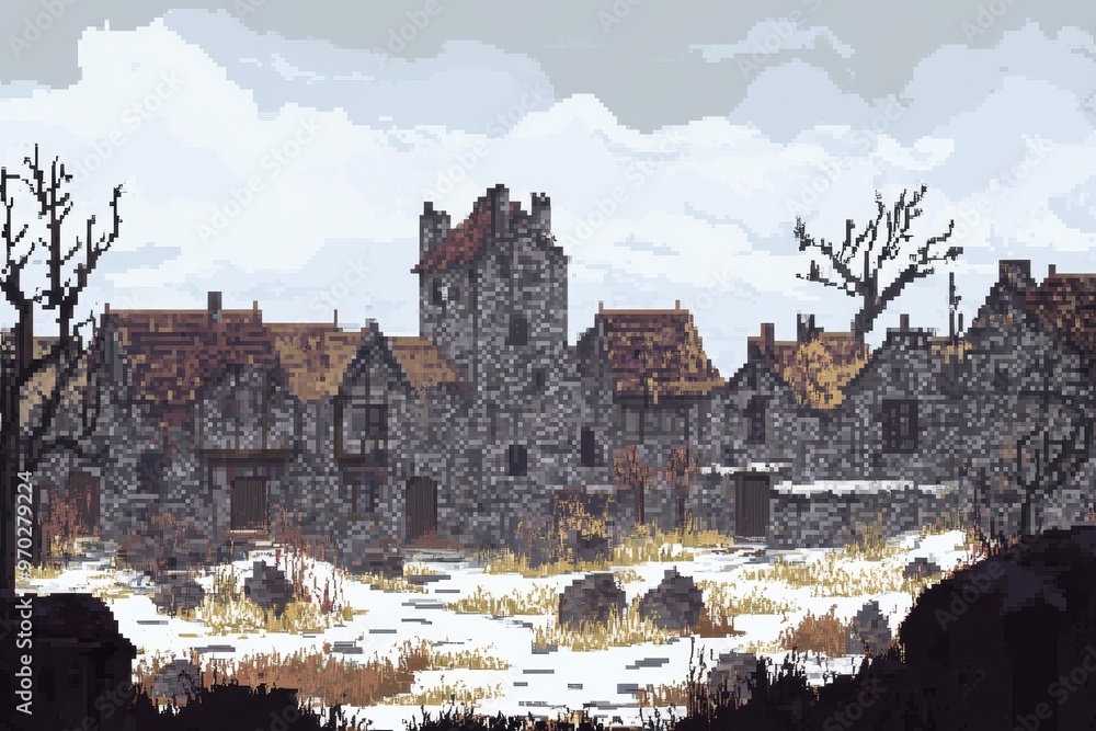 Pixelated Medieval Village with Stone Houses and Blank Sky for Copy ...