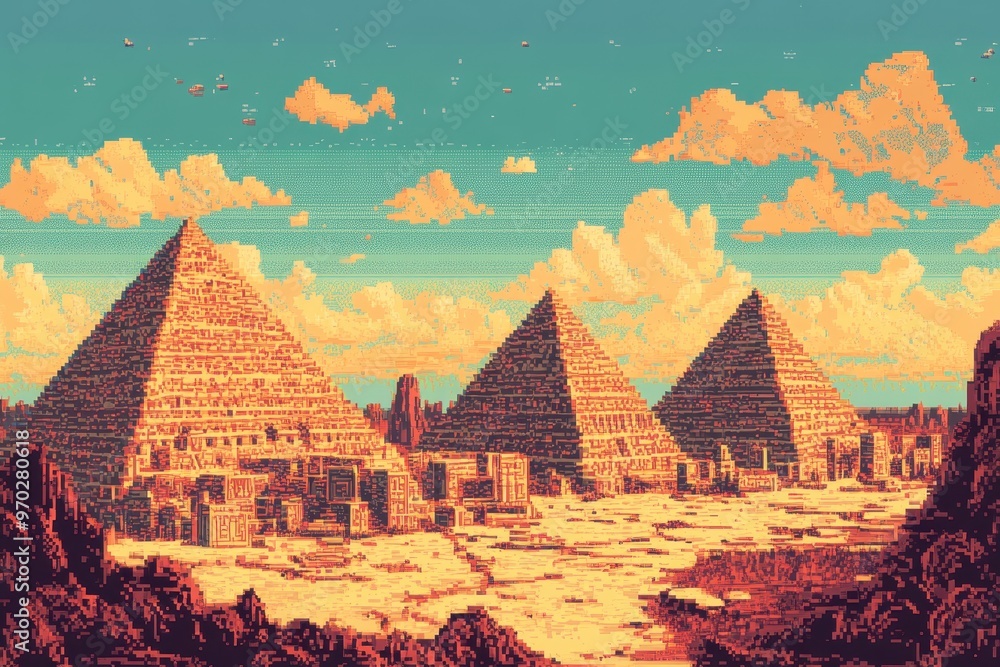 Ancient Egyptian 16-Bit Pixel Pyramids with Hieroglyphs Under Open Sky ...
