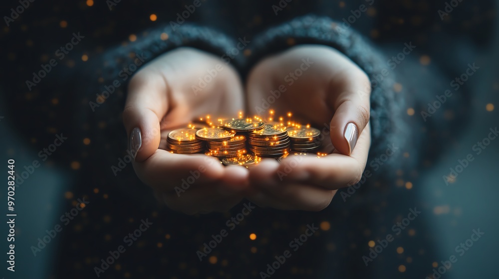 Hands holding golden coins with sparkles, symbolizing wealth and ...