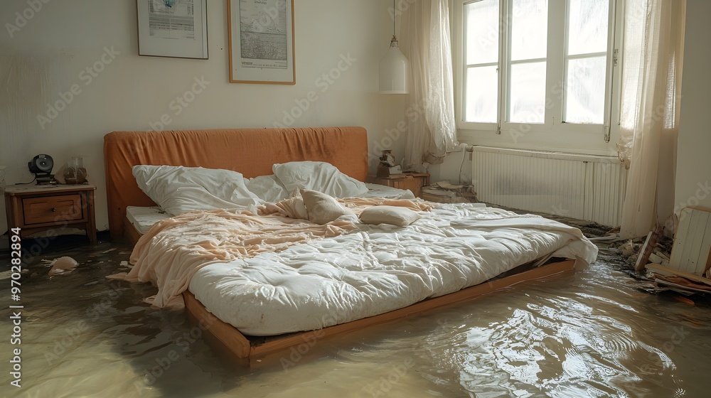 Bedroom interior ruined by flooding, water-soaked mattress, destroyed ...