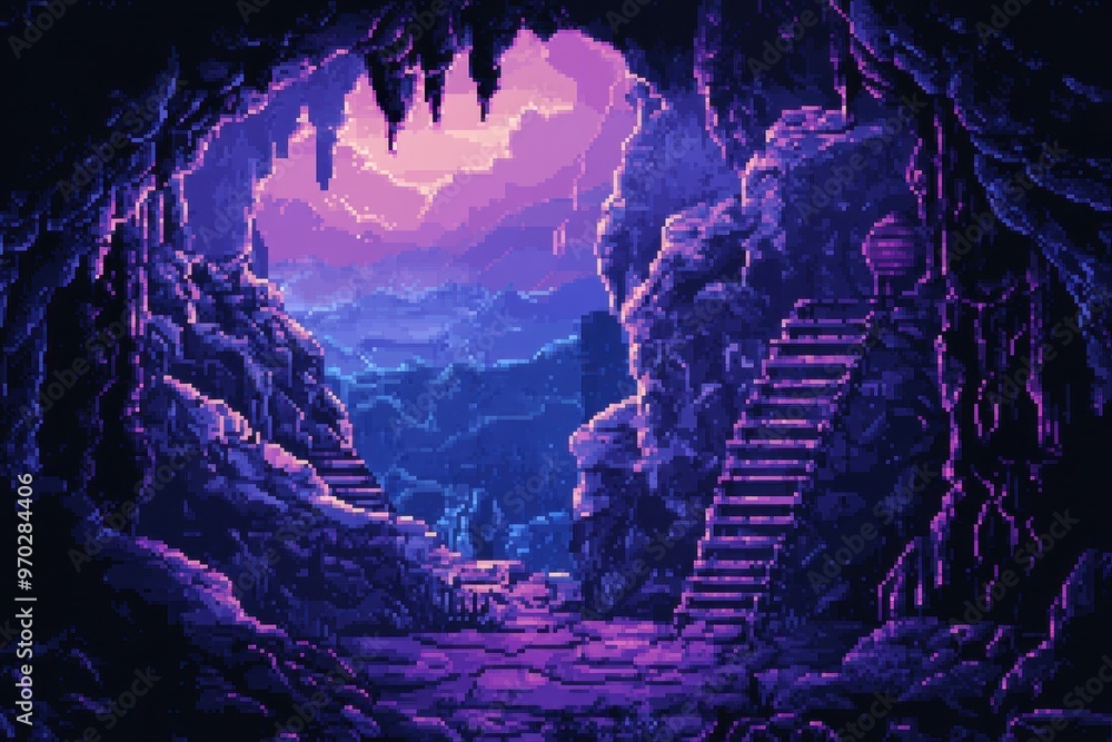 Nostalgic Pixel Art Cave with Ladders and Stone Walls - Vintage Gaming ...
