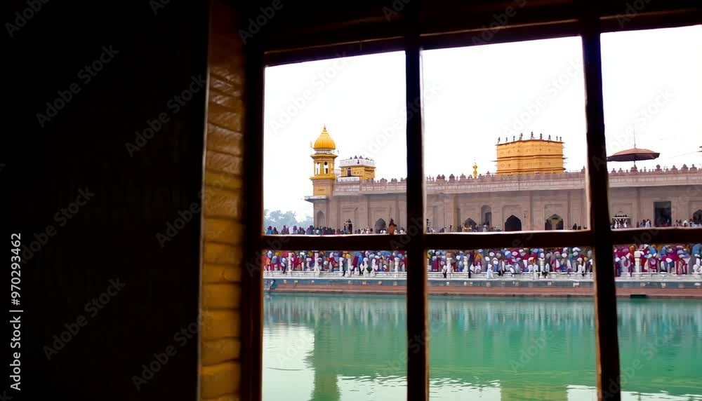 Sikh pilgrim in open window of Hari Mandir in Golden Temple complex ...