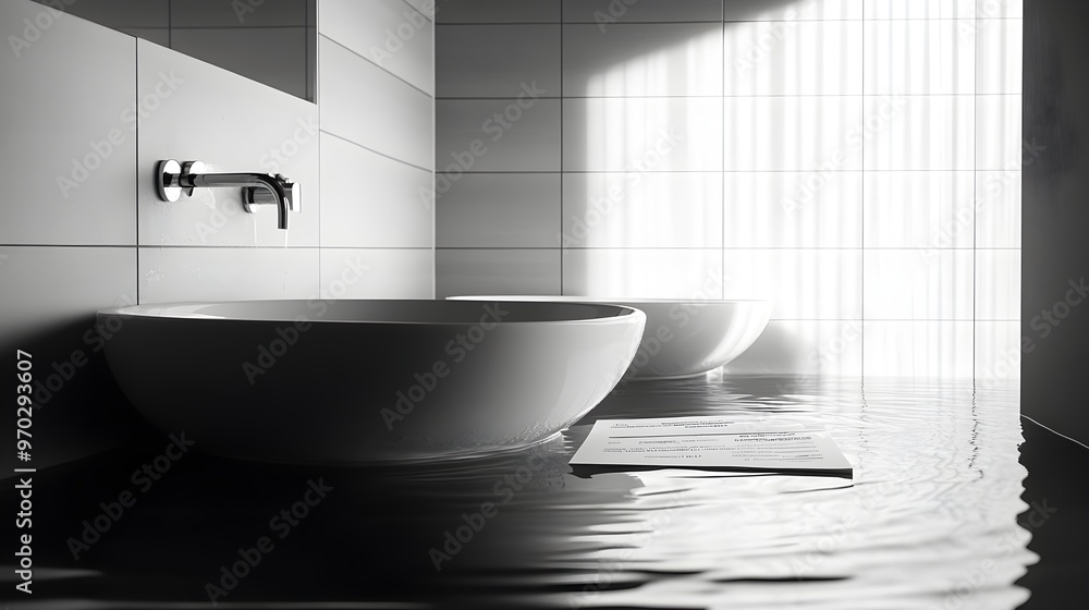 Minimalist bathroom with a flood caused by an overflowing sink, subtle ...