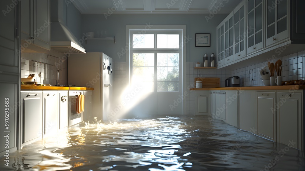 Flooded kitchen with a dramatic water splash, waterlogged cabinets, and ...