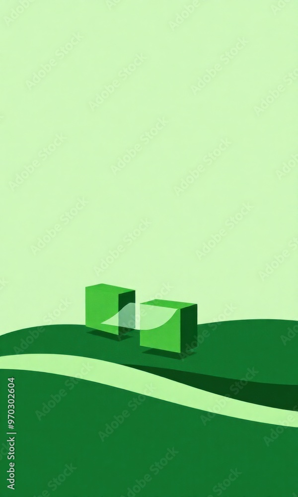 a minimalist geometric landscape using different green tones, featuring ...