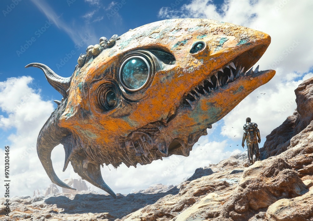 Fantasy alien with hammerhead features exploring an imaginative ...